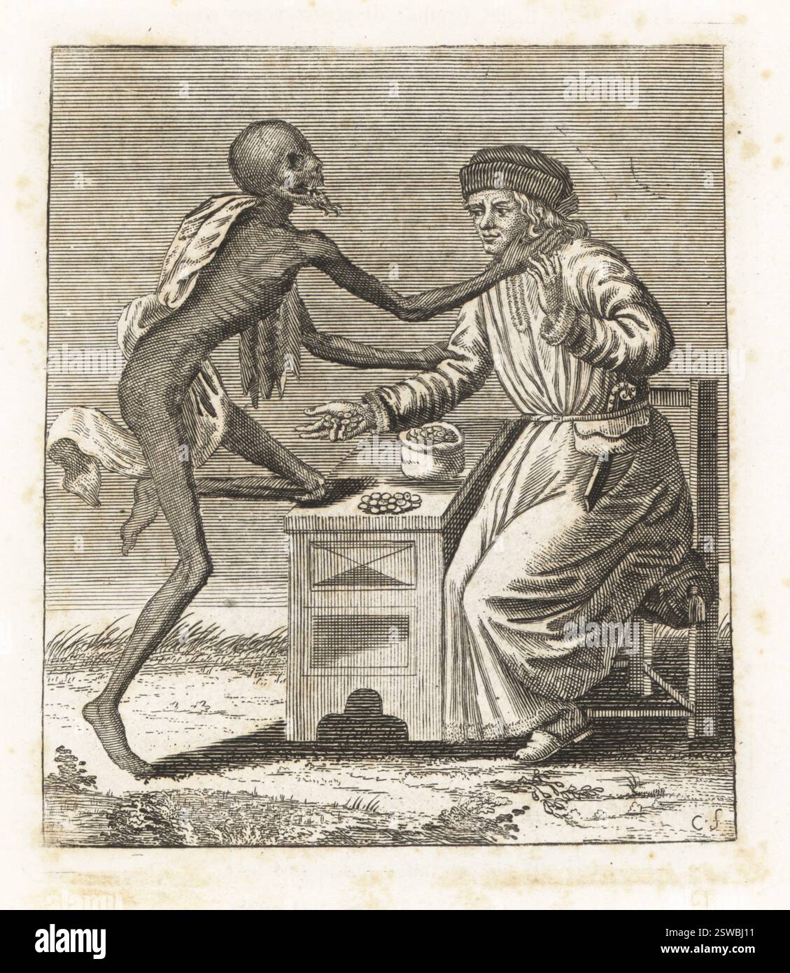 Cadaver of Death with the Usurer. Dark skeletal figure grabbing the ...