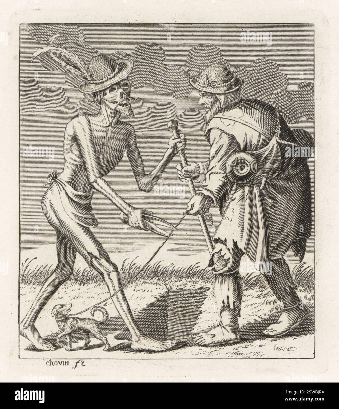 Cadaver of Death with the Blind Man. Skeletal figure in a feather cap ...