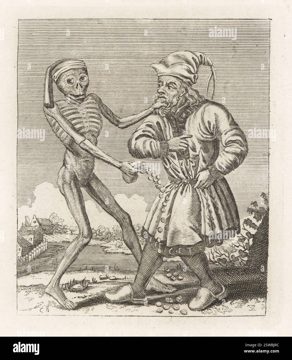 Cadaver of Death with the Jew. Skeletal figure in a hood grabbing a man ...