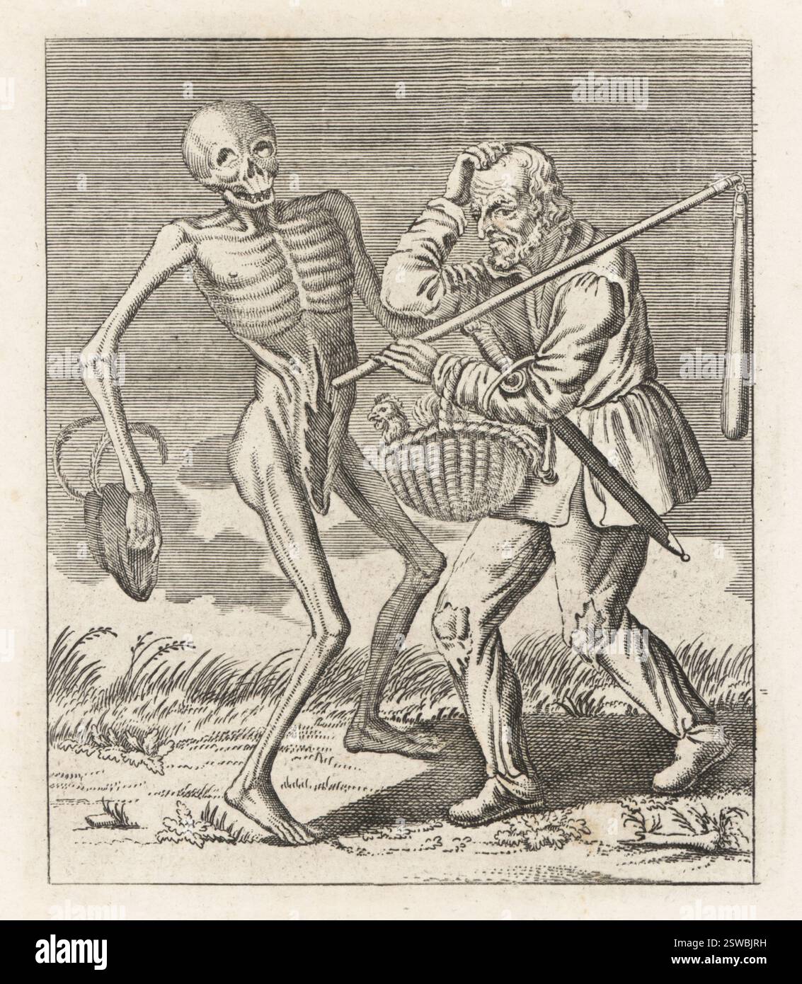 Cadaver of Death with the Peasant. Skeletal figure holding a feather ...