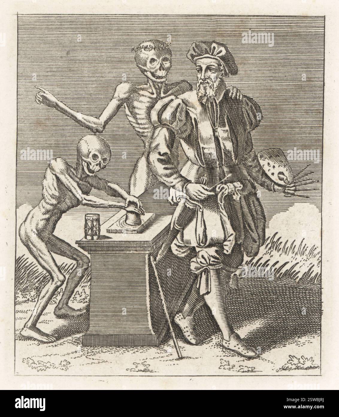 Cadavers of Death with the Painter. Two skeletal figures mess with the ...