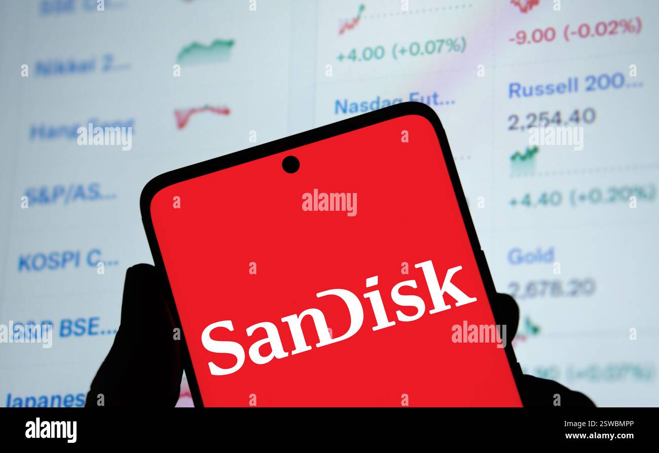 Dhaka, Bangladesh- 23 Nov 2024: Sandisk logo is displayed on smartphone ...