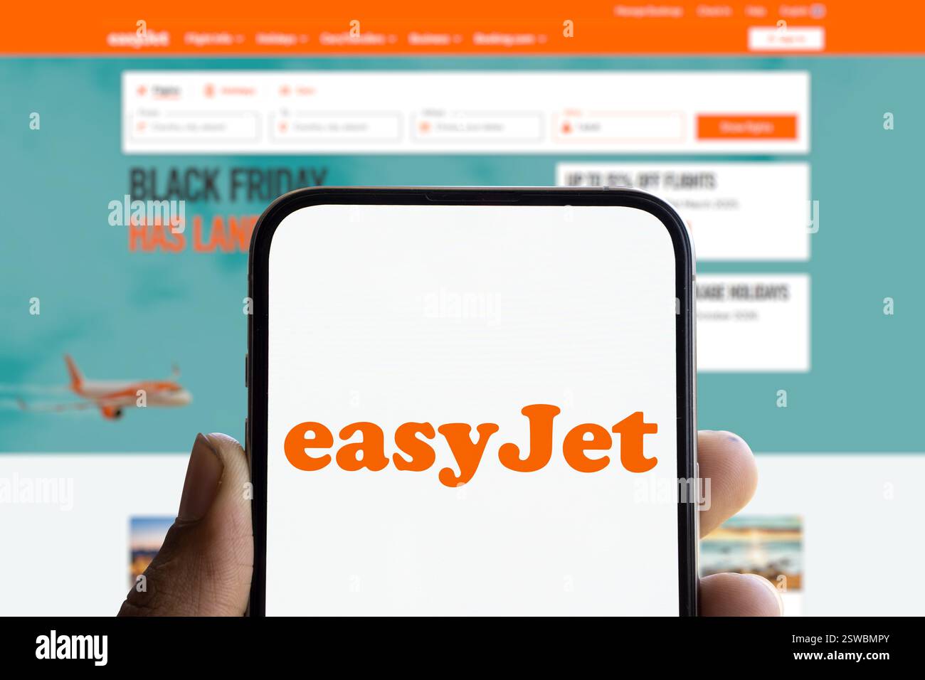 Dhaka, Bangladesh- 26 Nov 2024: EasyJet logo is displayed on smartphone ...