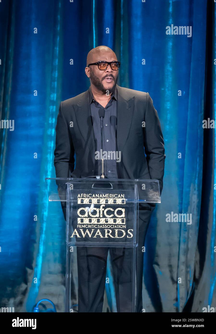 February 19, 2025, Beverly Hills, California, USA: Tyler Perry gives a ...