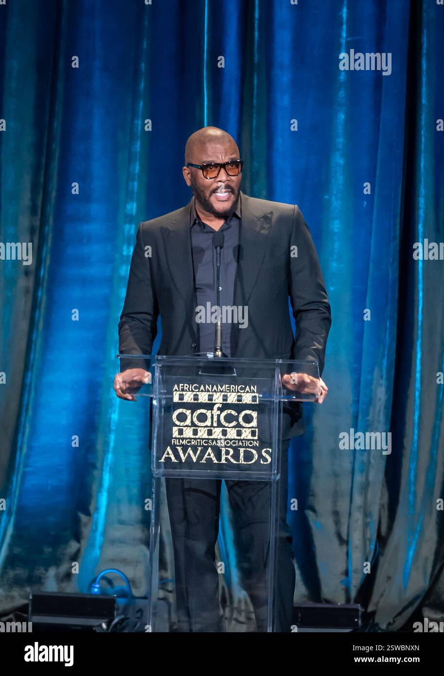 February 19, 2025, Beverly Hills, California, USA: Tyler Perry gives a ...