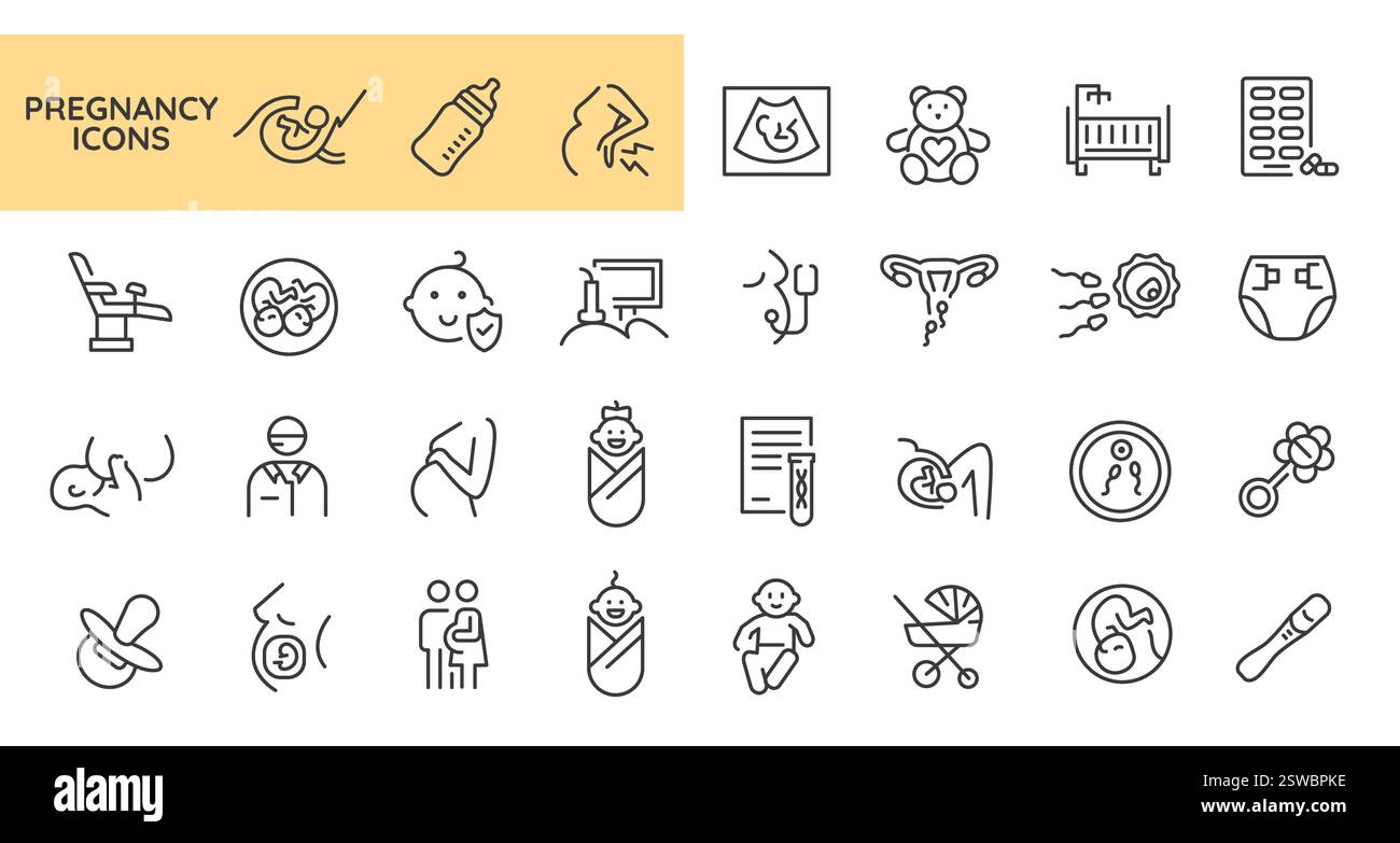 Pregnancy icons. Set of 31 pregnancy trendy minimal icons. Fetus ...