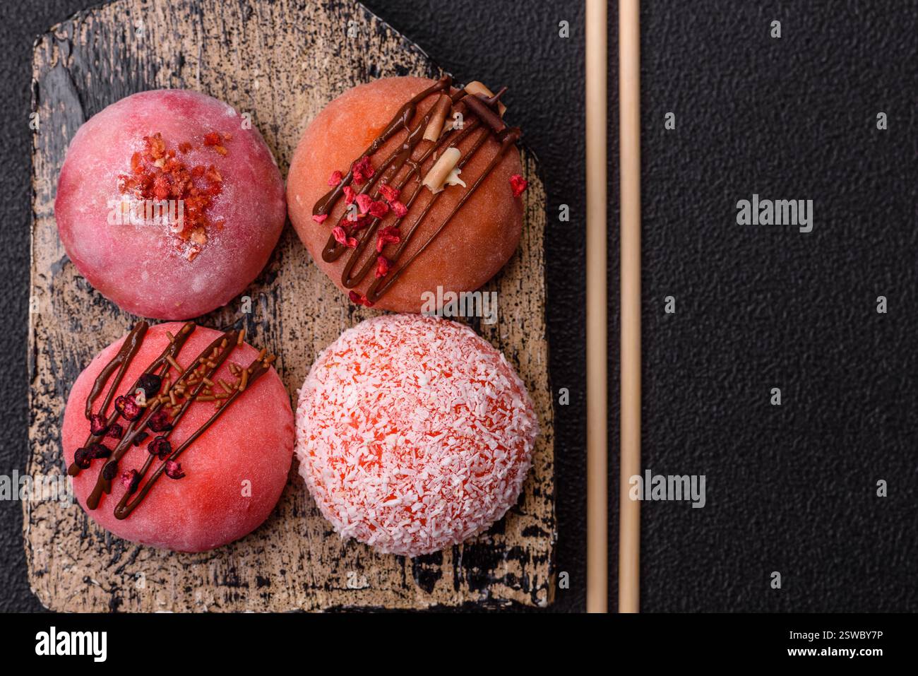 Delicious colorful asian mochi sweets with rice dough shell and fruit ...