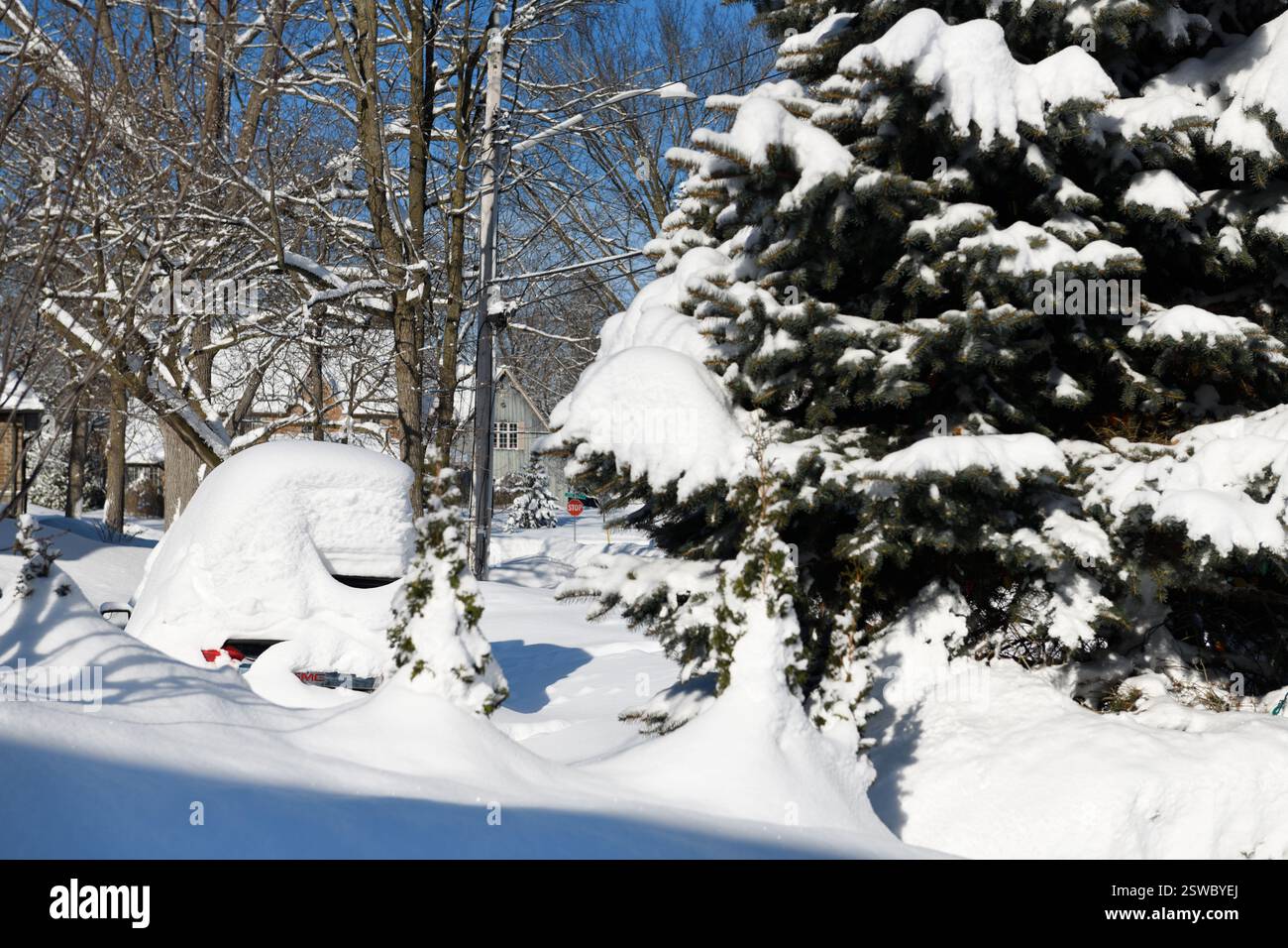Car buried in deep snow in driveway after intense winter snowstorms in ...