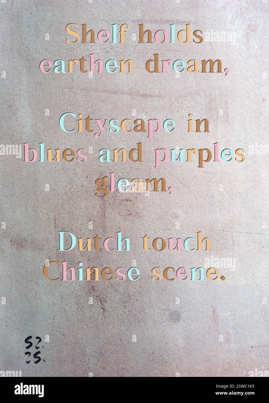 Shelf holds earthen dream, Cityscape in blues and purples gleam, Dutch ...