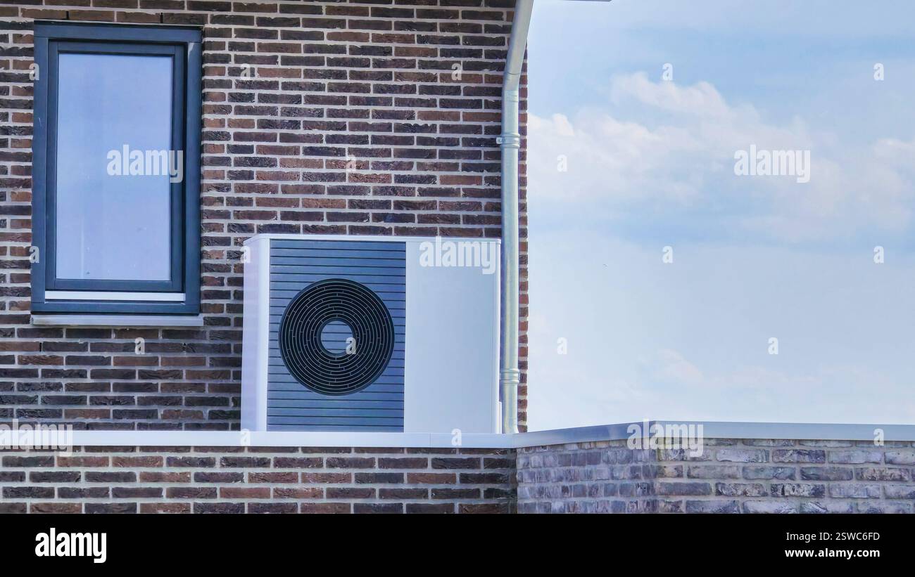 Air source heat pump unit installed outdoors at a modern home with ...