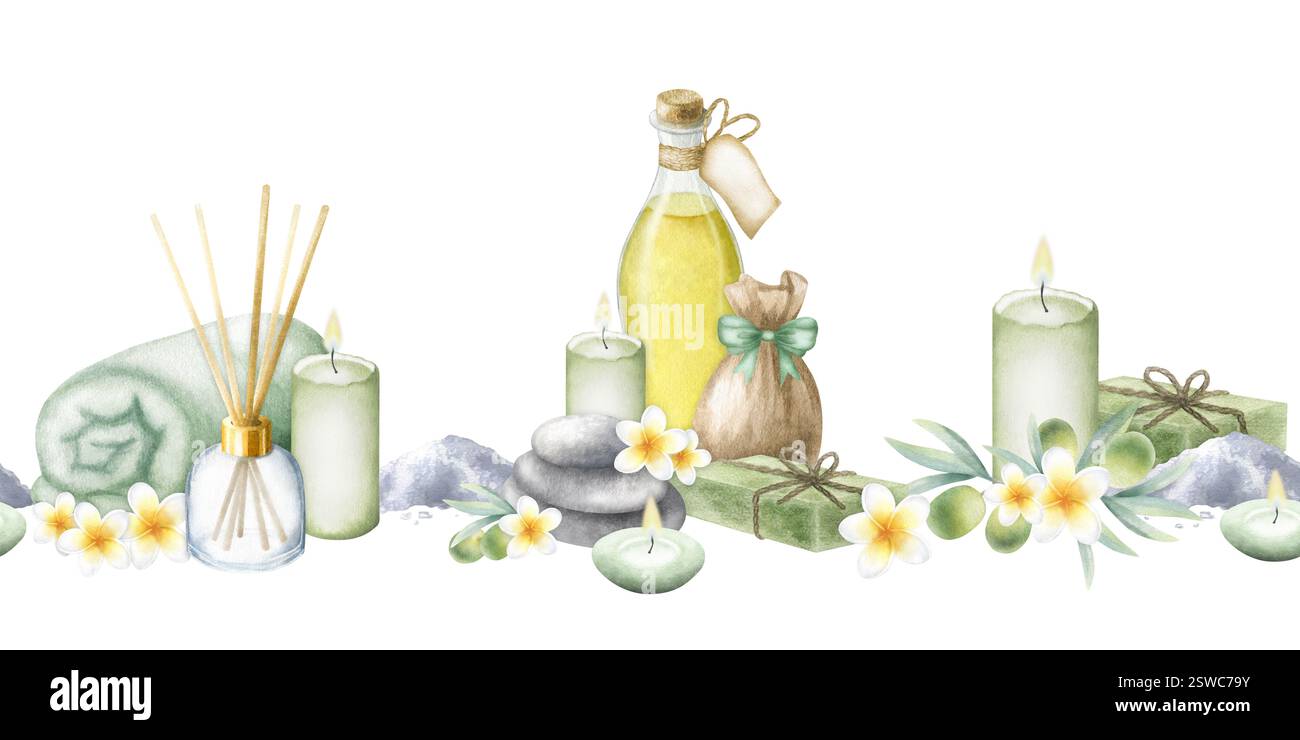 Olive oil, soap aleppo, sea salt, rolled up towel, candles, stack ...