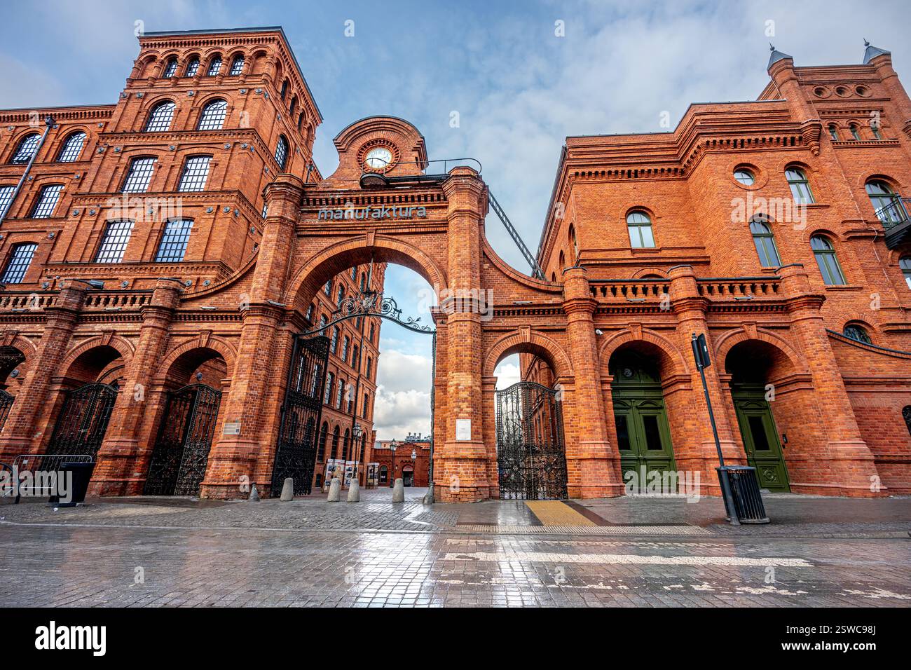 Main entrance of historic textile factory Manufaktura in Lodz Poland ...