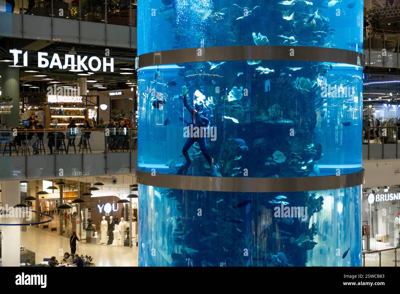 Large aquarium in Aviapark mall, Moscow, with a diver and tropical fish ...
