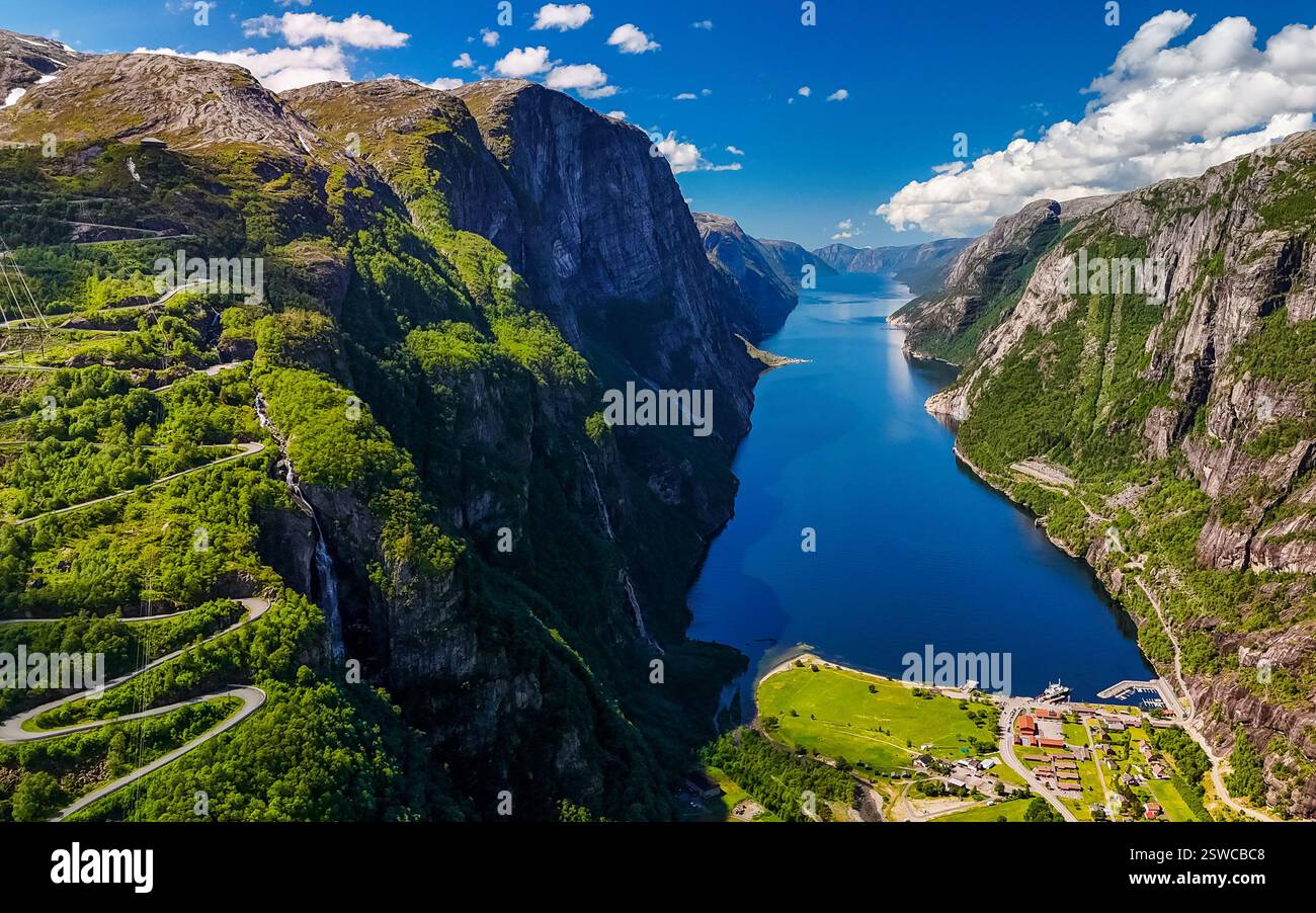 Lysebotn, Lysefjorden, NorwayA scenic aerial view of a winding road ...