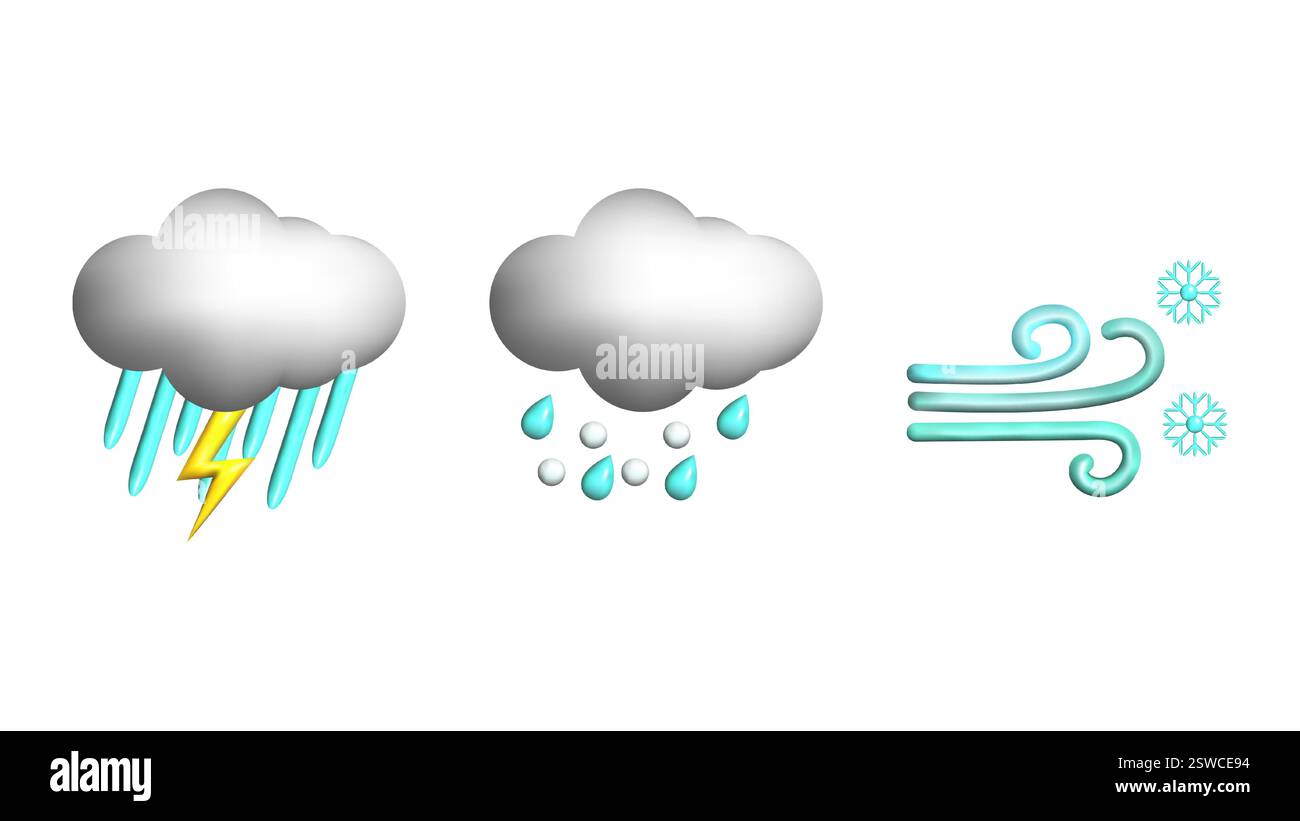 Weather 3d icons realistic isolated vector set. Thunderstorm downpour ...