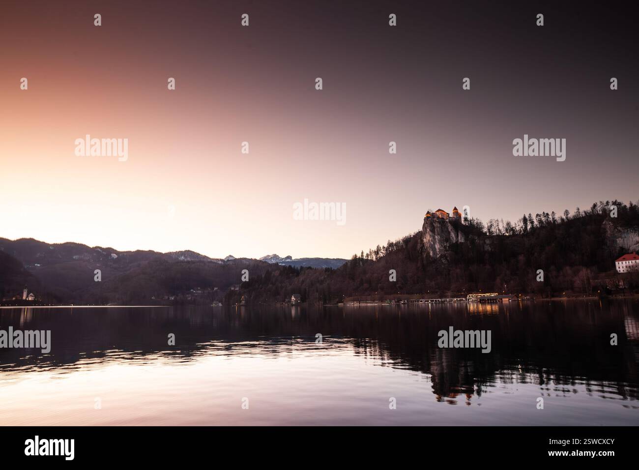 Panorama of the Bled lake, Blejsko Jezero, with its castle, Blejski ...