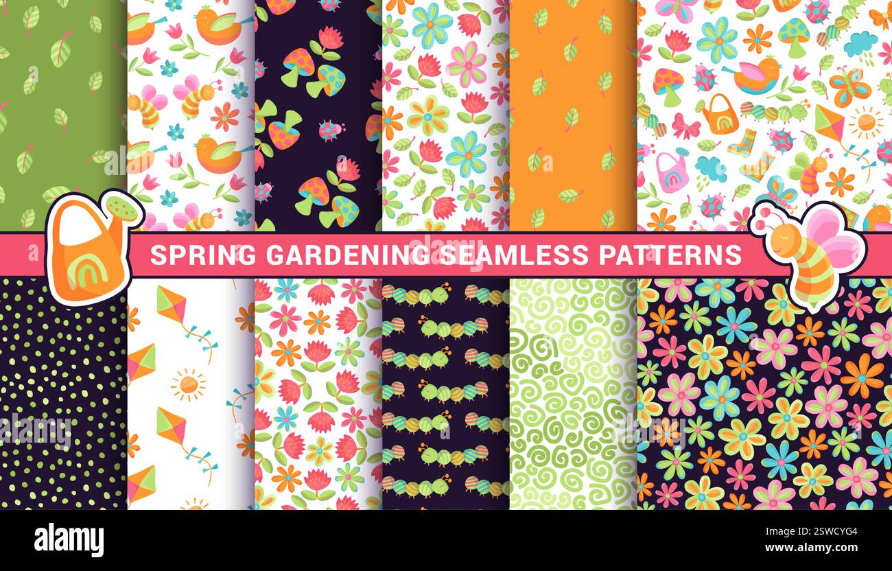Set of Spring Gardening Vector Seamless Patterns with Flowers, Leaves ...