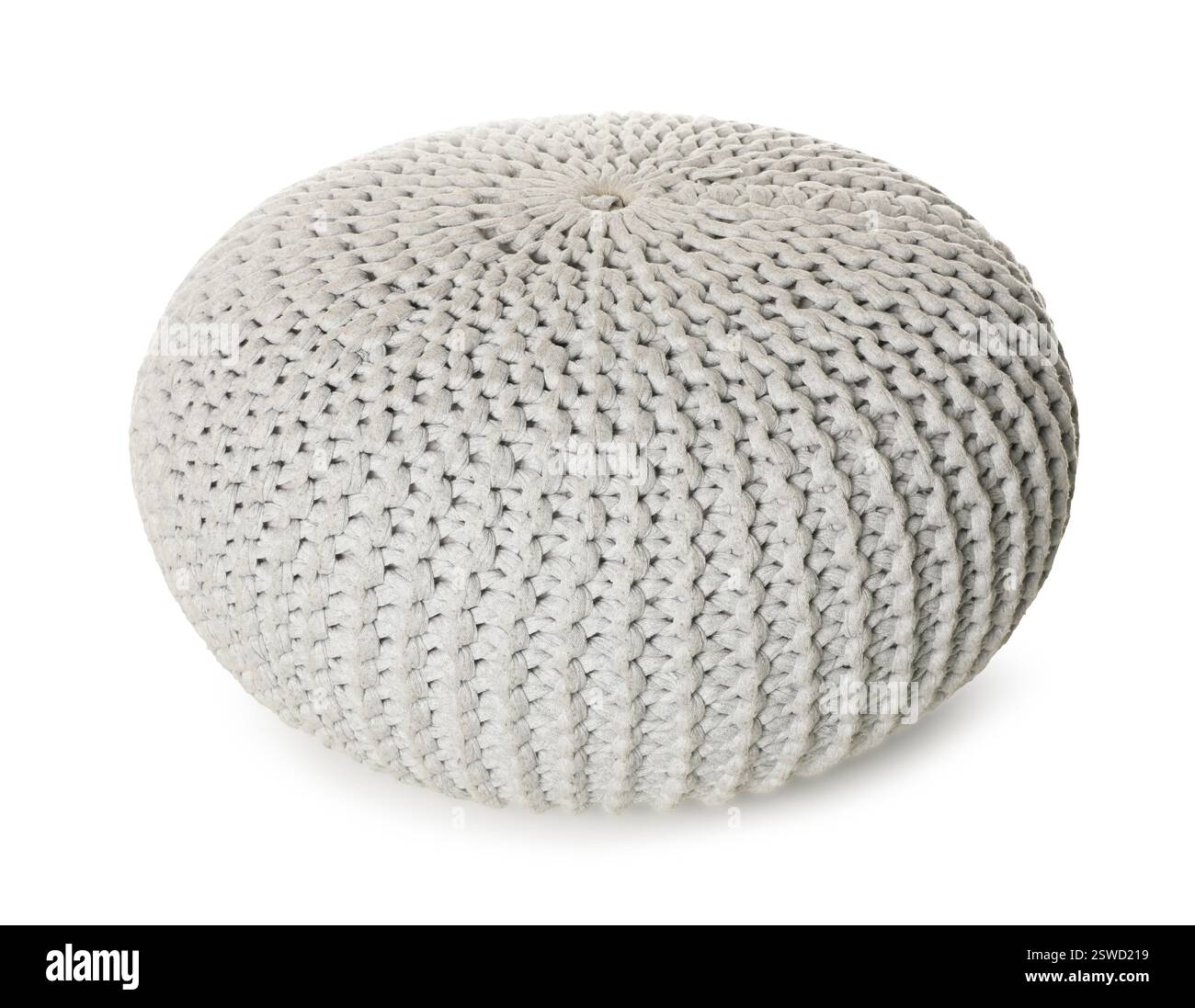Stylish grey knitted pouf isolated on white Stock Photo - Alamy