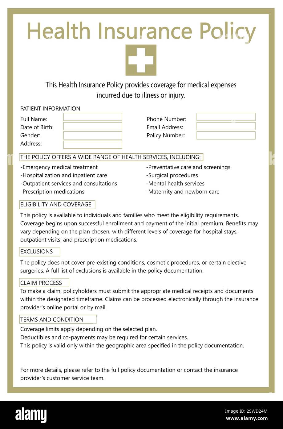 Health insurance policy with information and empty fields to fill in ...