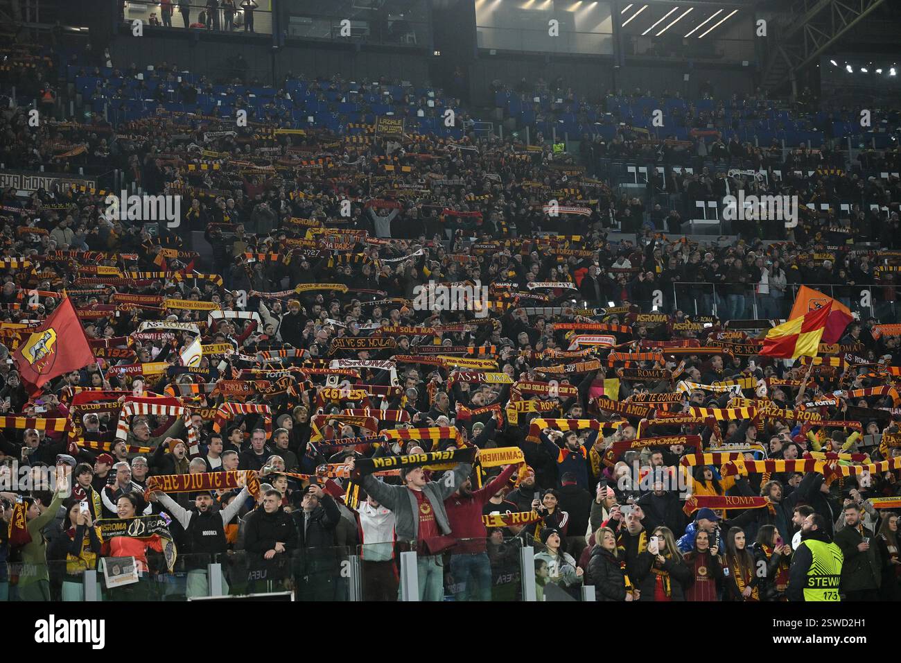 Rome, Lazio. 20th Feb, 2025. Roma fans during the Europa League ...