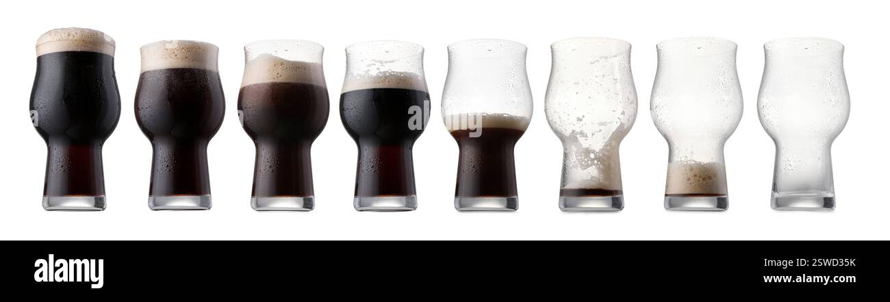 Drinking beer process. From full to empty glass on white background ...