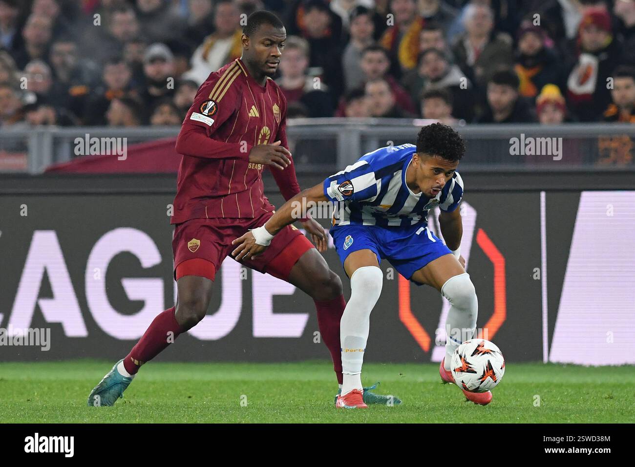 Rome, Lazio. 20th Feb, 2025. Evan Ndicka of AS Roma, Goncalo Borges of ...