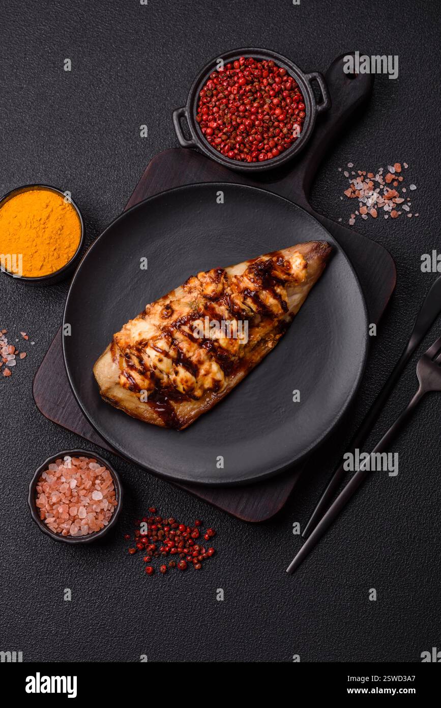 Grilled mackerel fillets with cheese, salt, spices and herbs Stock ...