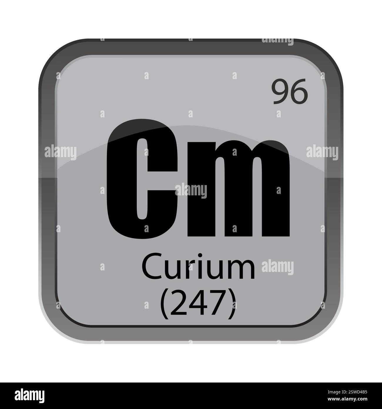 Curium symbol icon. Text Cm shown. Number ninety six. Atomic 247 detail ...