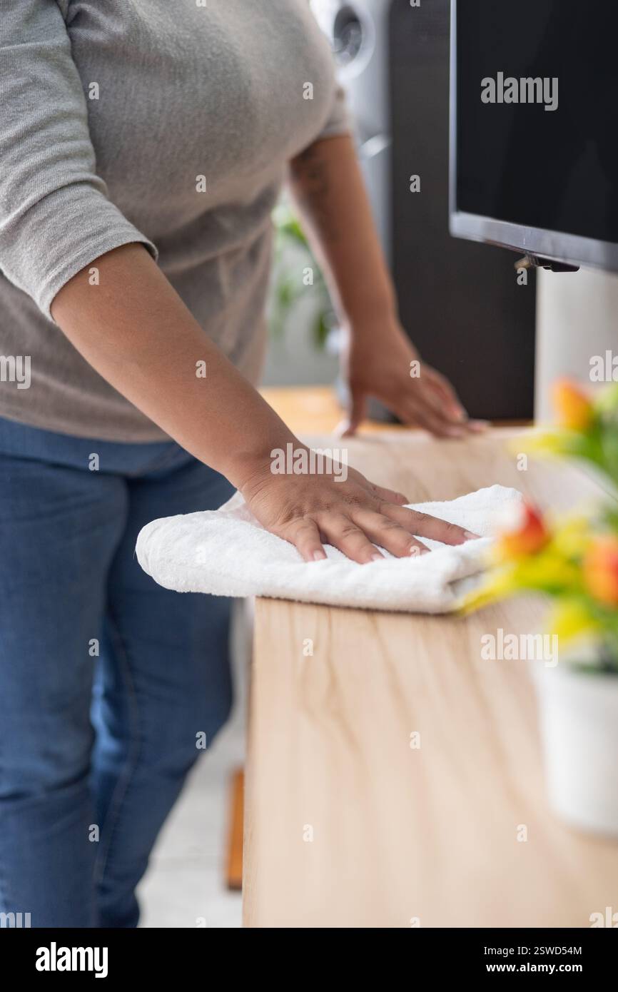 My hands gently wiping down the TV stand with a cloth, perfect for home ...