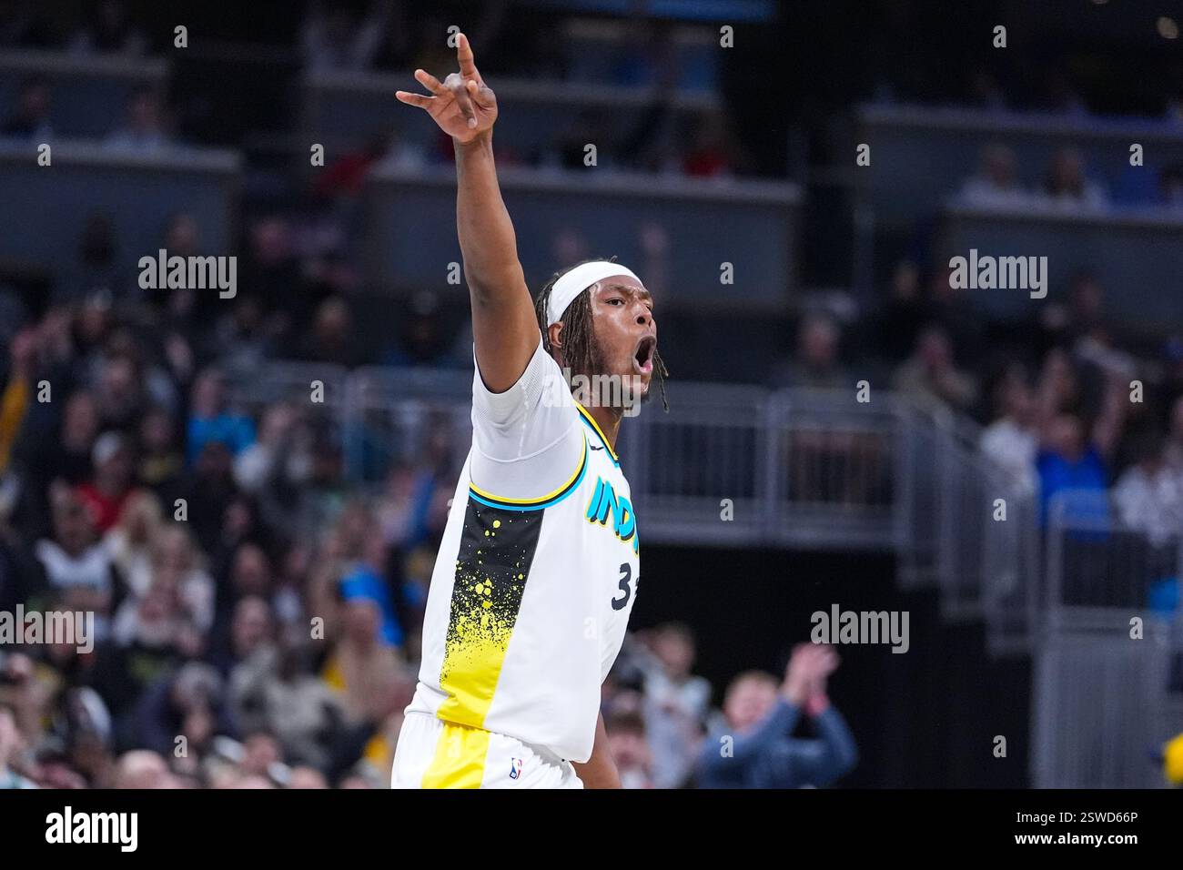 Indiana Pacers center Myles Turner (33) celebrates after a basket ...