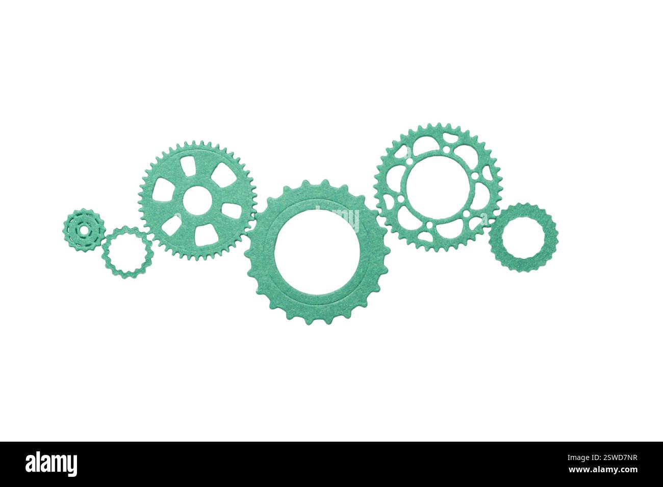 Green paper gears on white background Stock Photo - Alamy