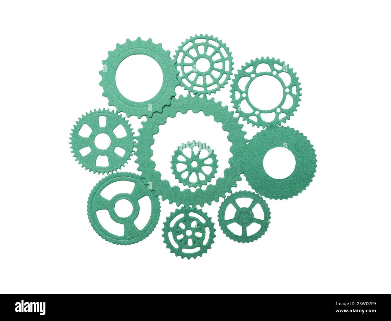 Green paper gears on white background Stock Photo - Alamy
