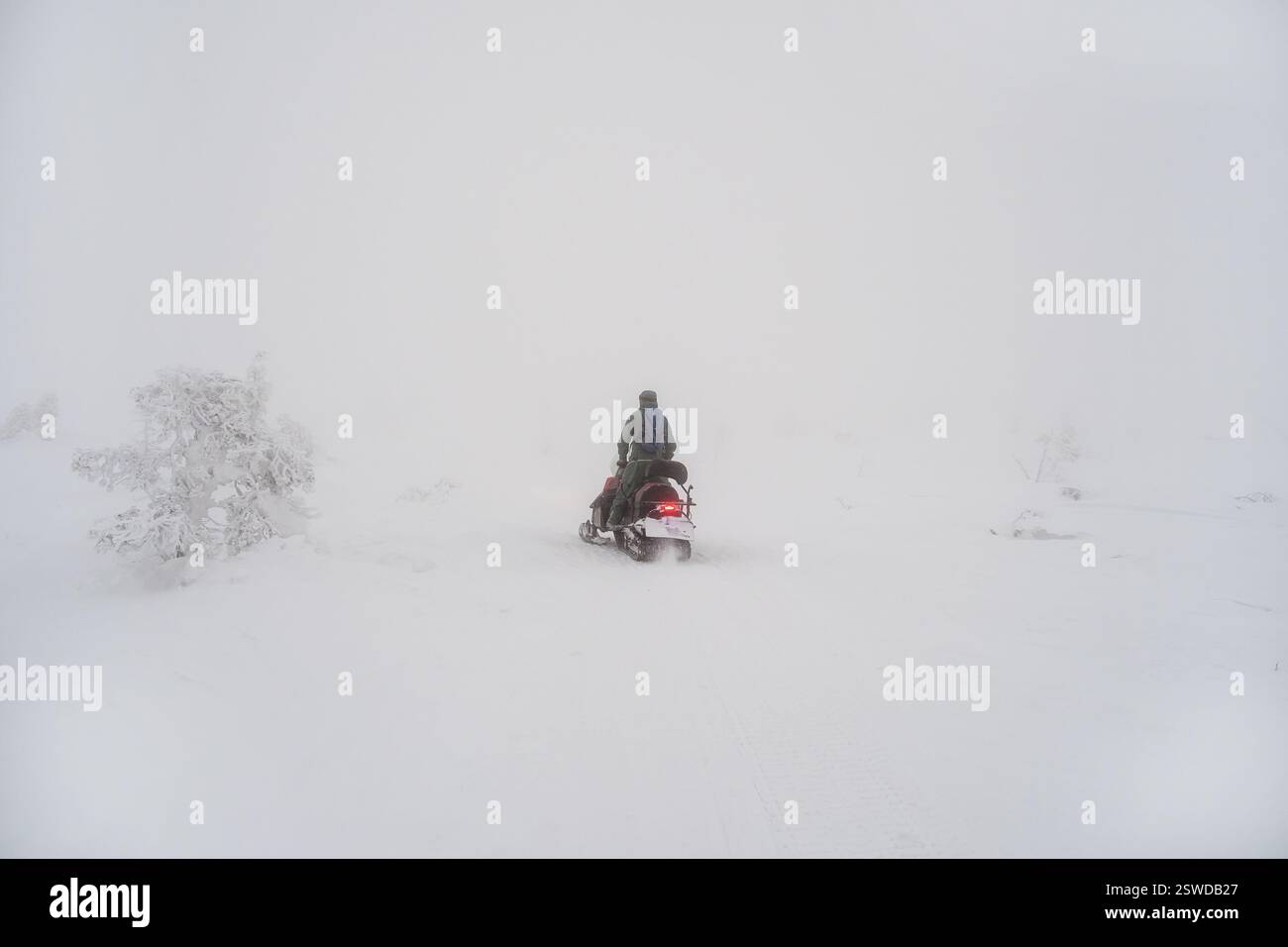 Soft focus. Snowmobile rider goes uphill in foggy frosty day. Winter ...