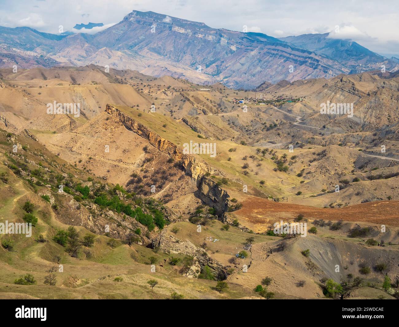 Fault in the rock. Unique green mountain landscape with green terraces ...