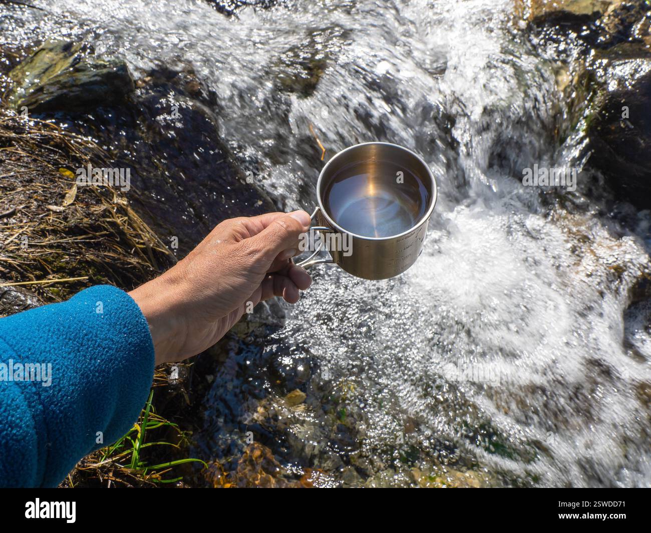 Hand holding a hikers cup with clean drinking water from a mountain ...