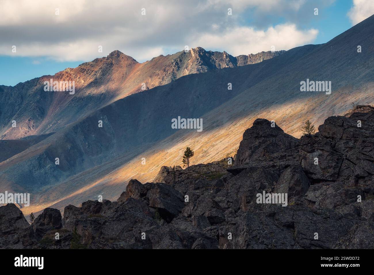 Dark contrasting mountains at sunset. Evening mountain landscape with ...