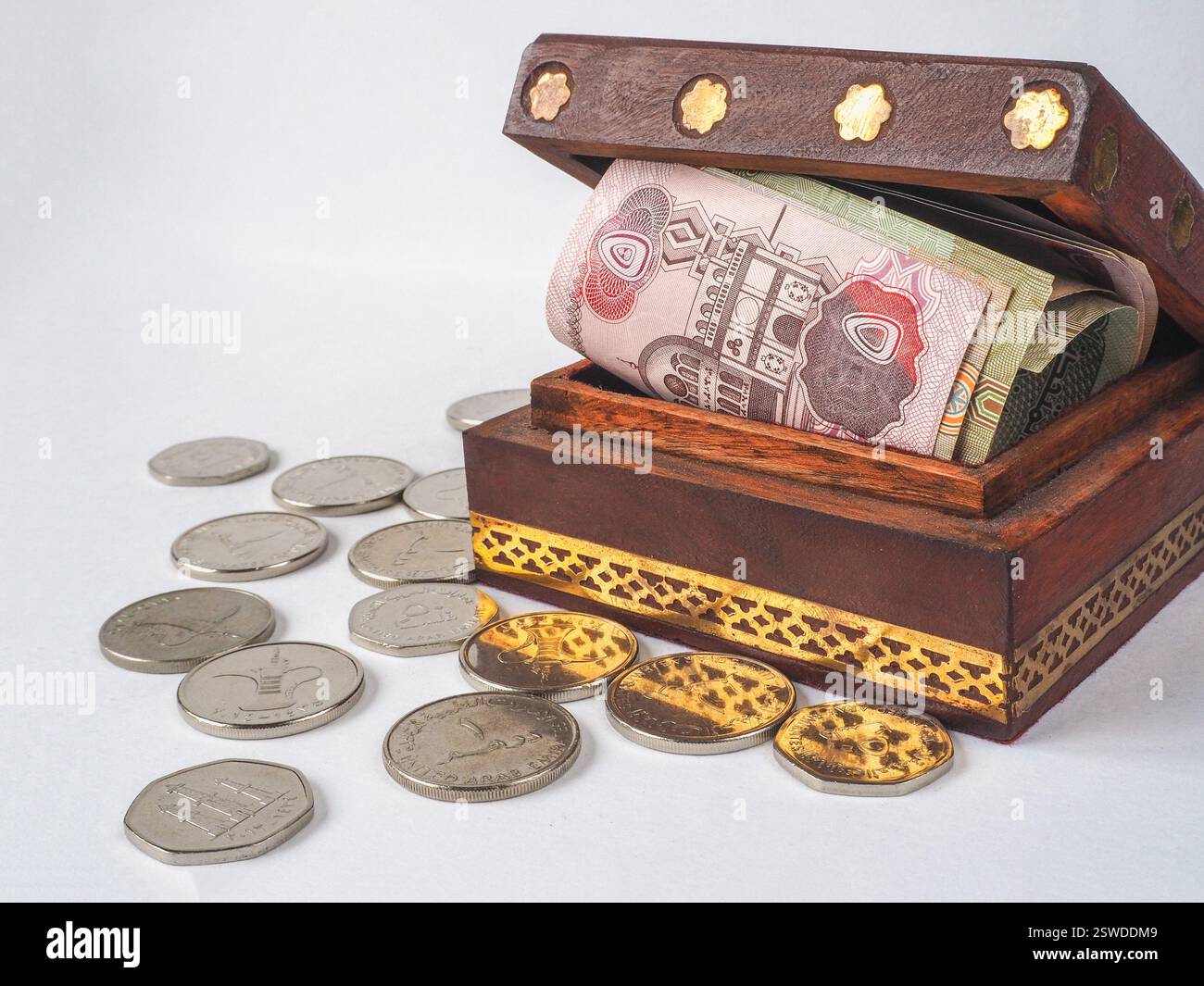 Arabic money dirhams in the old wooden box Stock Photo - Alamy