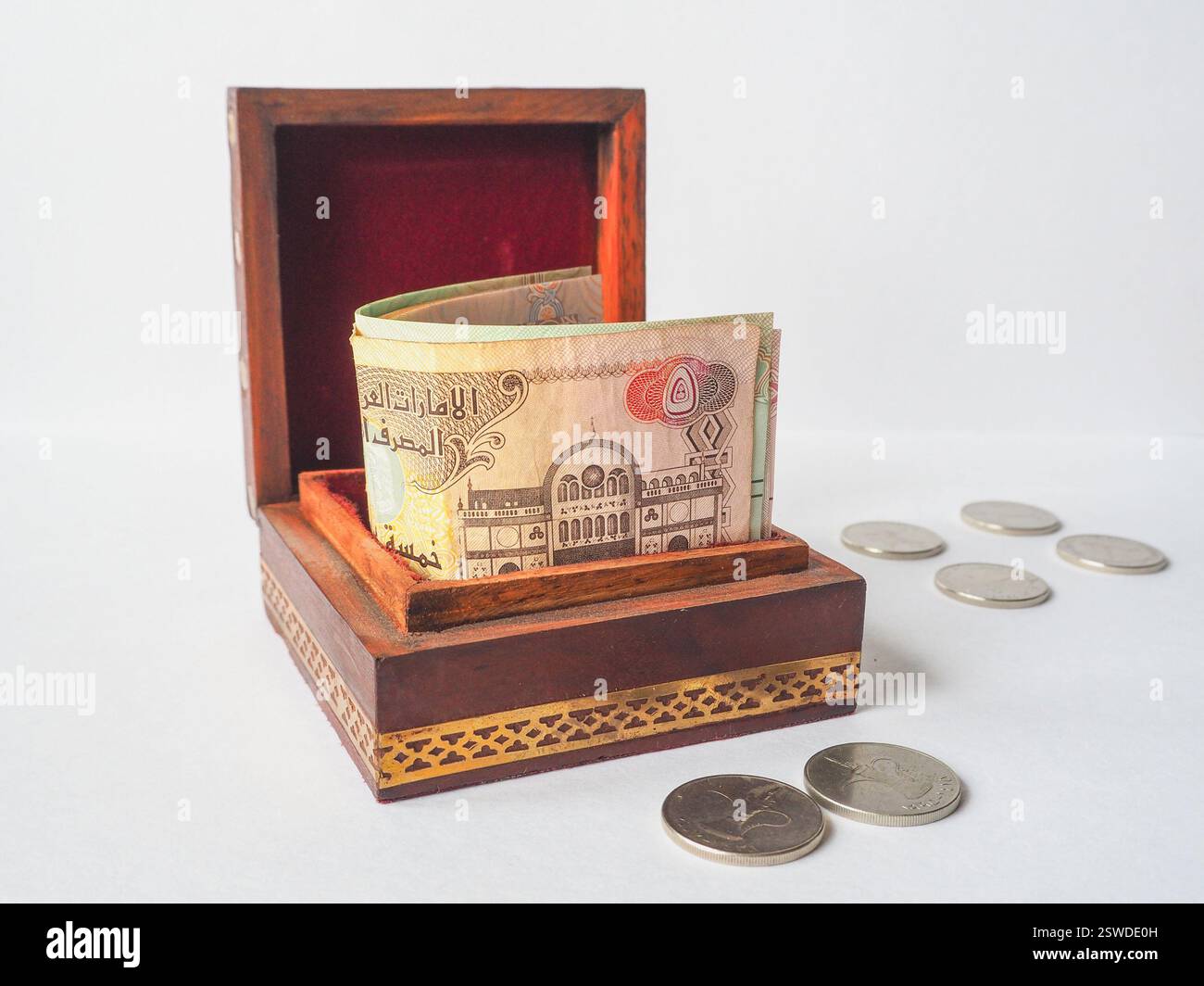 Arabic money dirhams in the old wooden box Stock Photo - Alamy