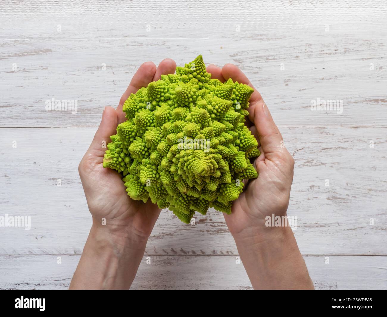 Close up image of a woman selecting romanesco from the food counter at ...