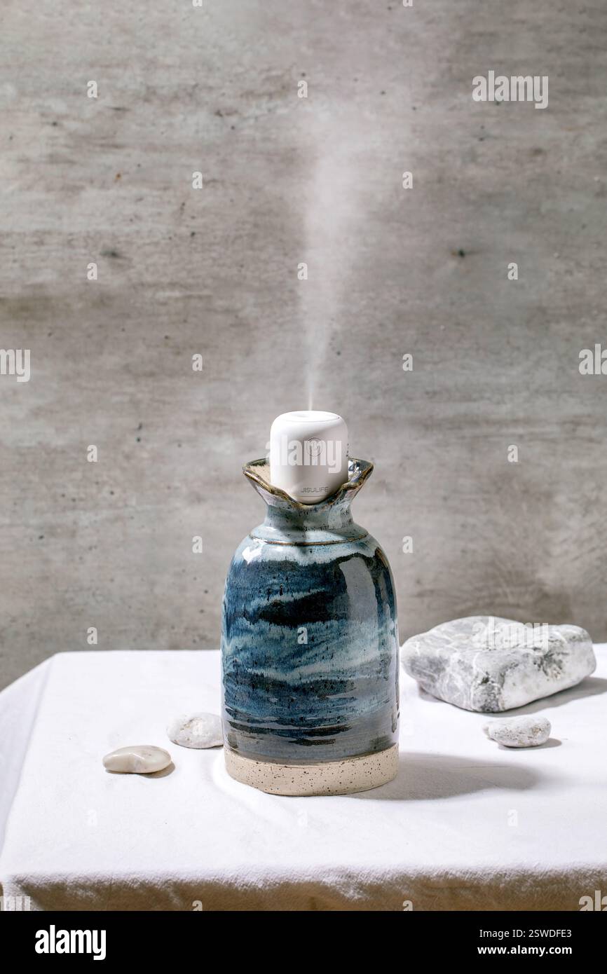 Steamed humidifier diffuser in blue ceramic vase Stock Photo - Alamy