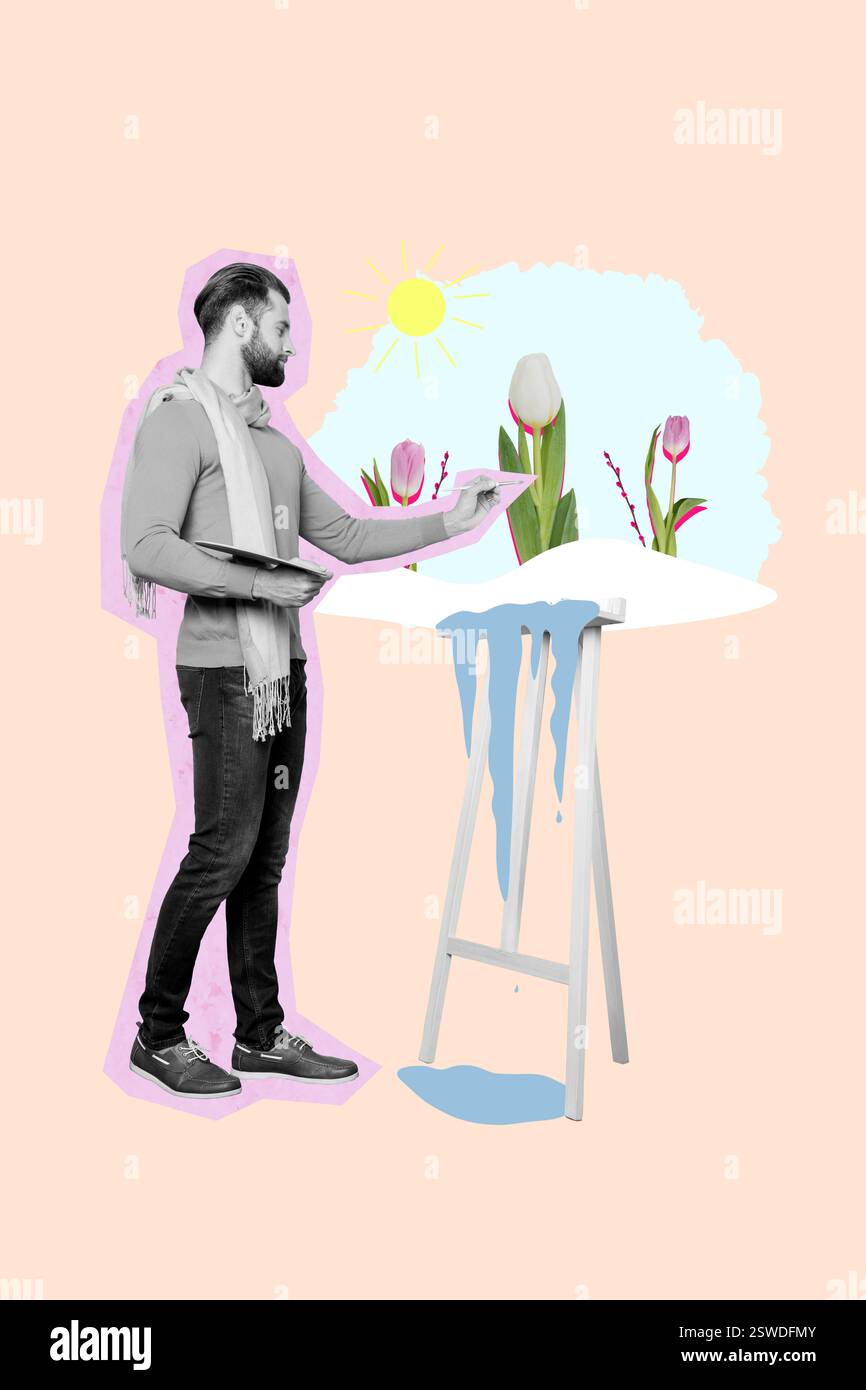 Vertical art trend collage of serious man artist draw spring landscape ...