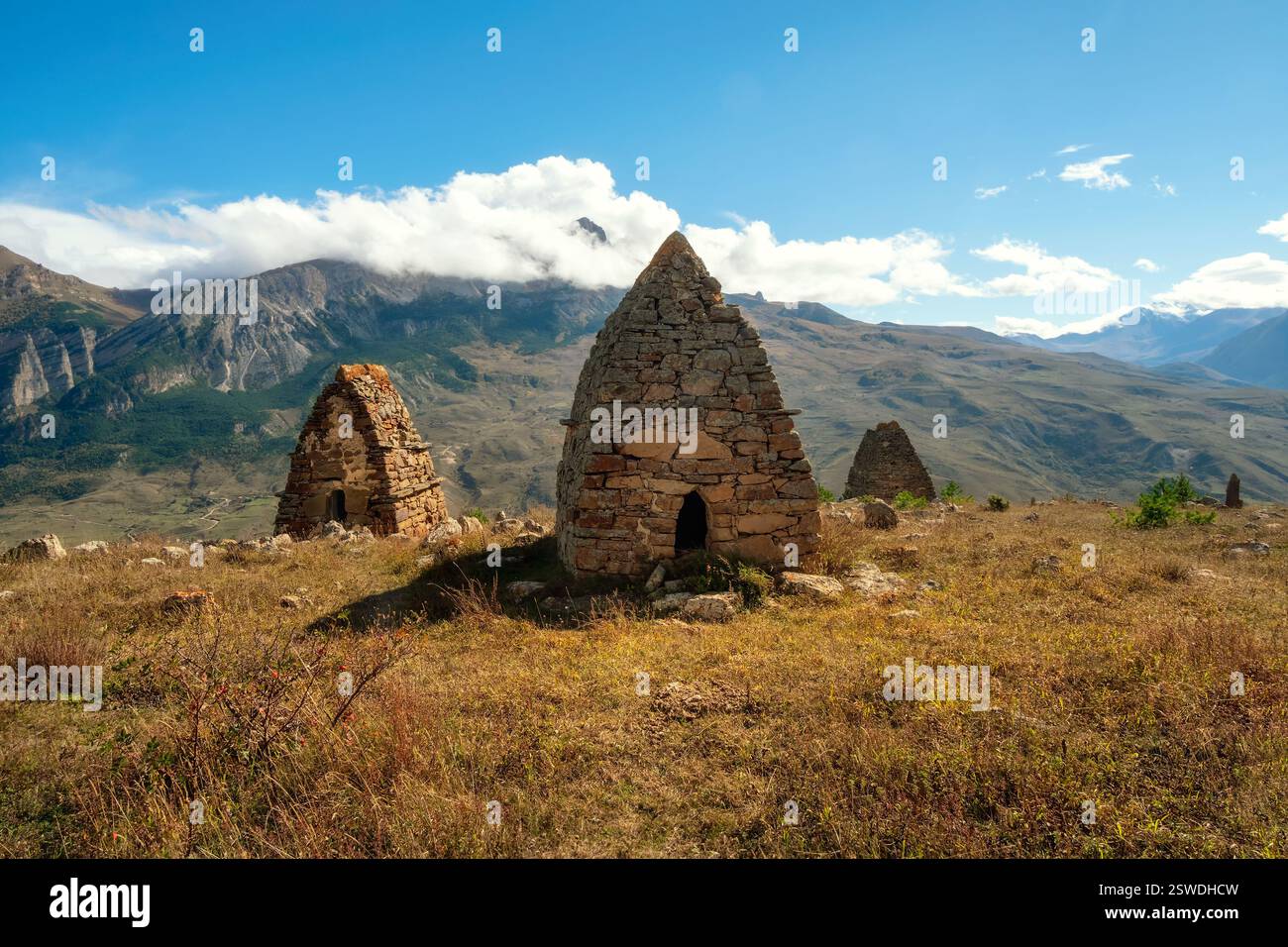 Old stone tomb, a crypt on the top of a mountain. Ossetia region Stock ...