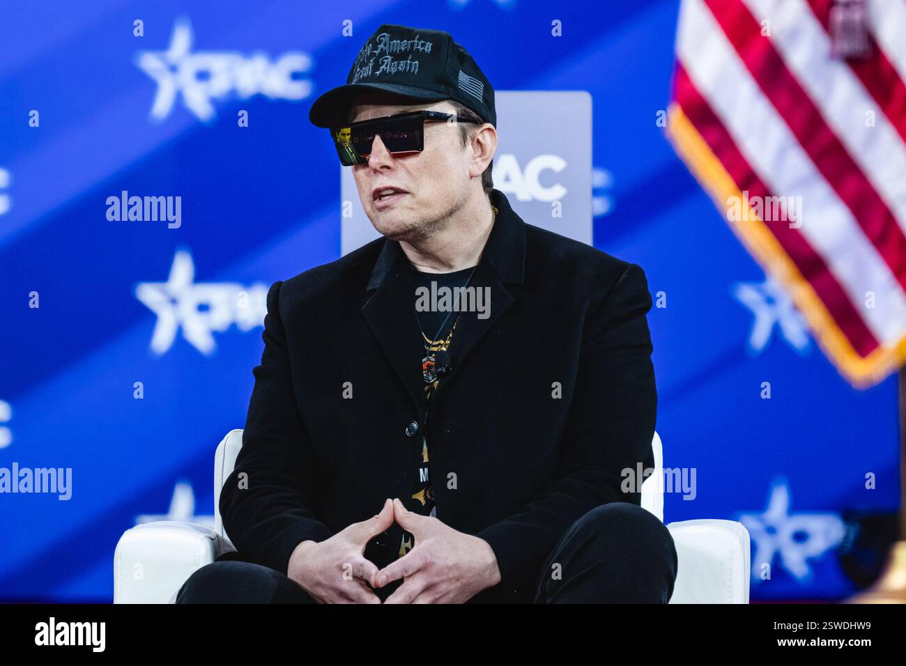Washington Dc, USA. 20th Jan, 2025. Elon Musk takes the stage on the ...