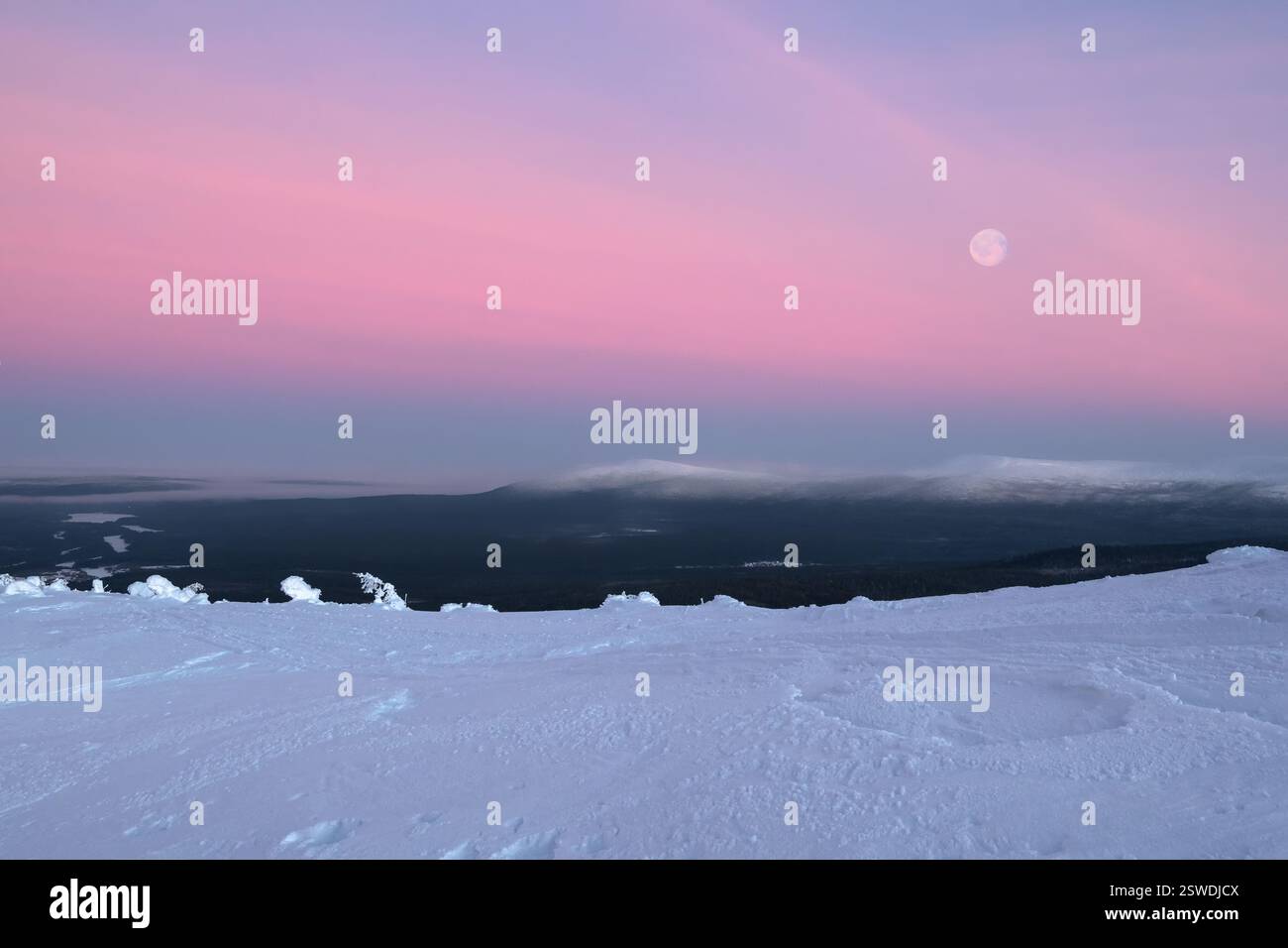 Minimalistic natural winter landscape. Full cold moon over a snow ...