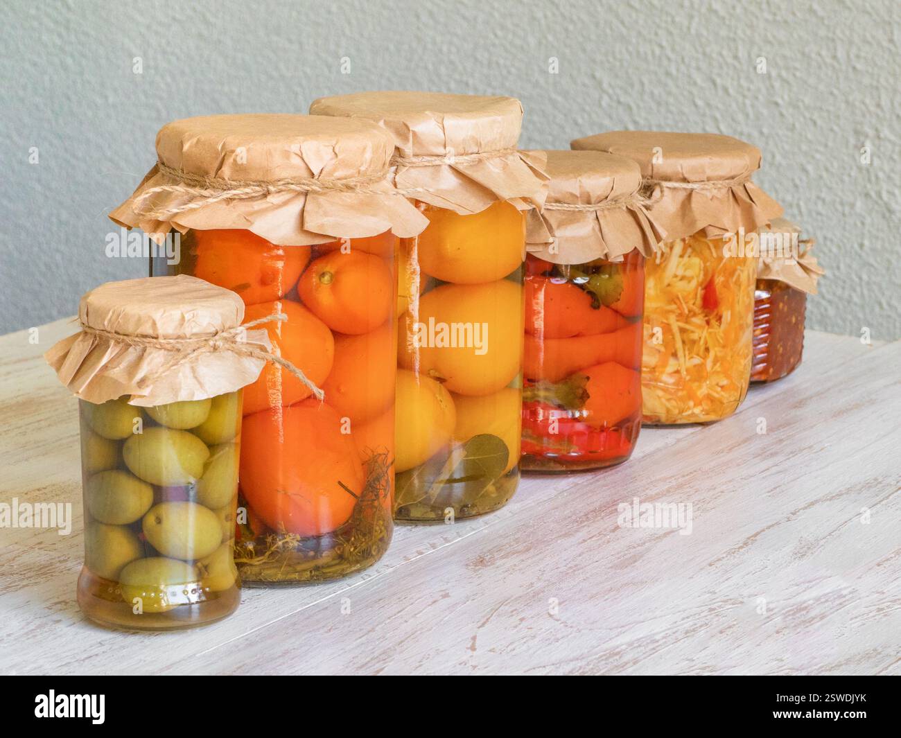 Marinated pickles variety preserving jars. Fermented homemade food ...