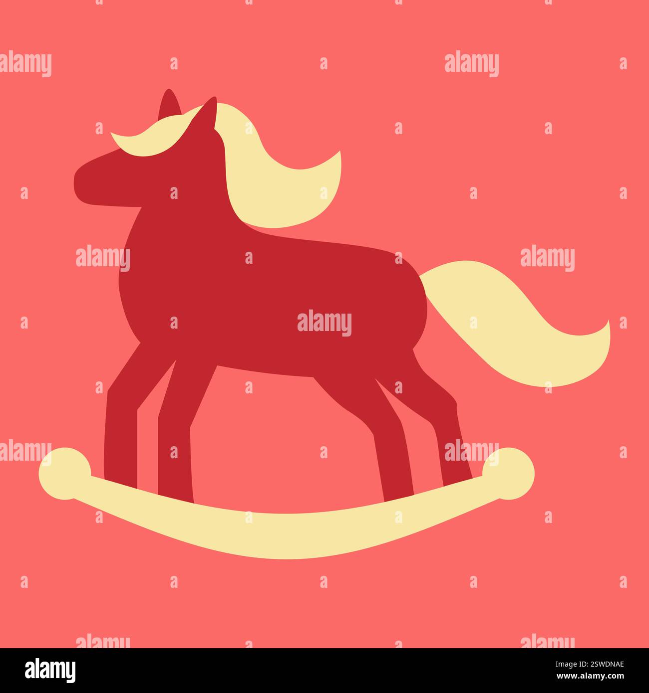 Flat cartoon vector illustration of a red rocking horse with a cream ...
