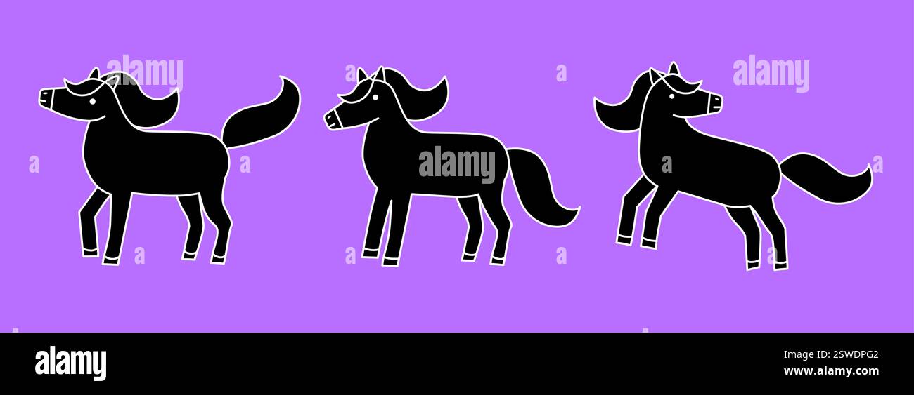 Solid black glyph icon of a horse, pony in profile set. Strong ...