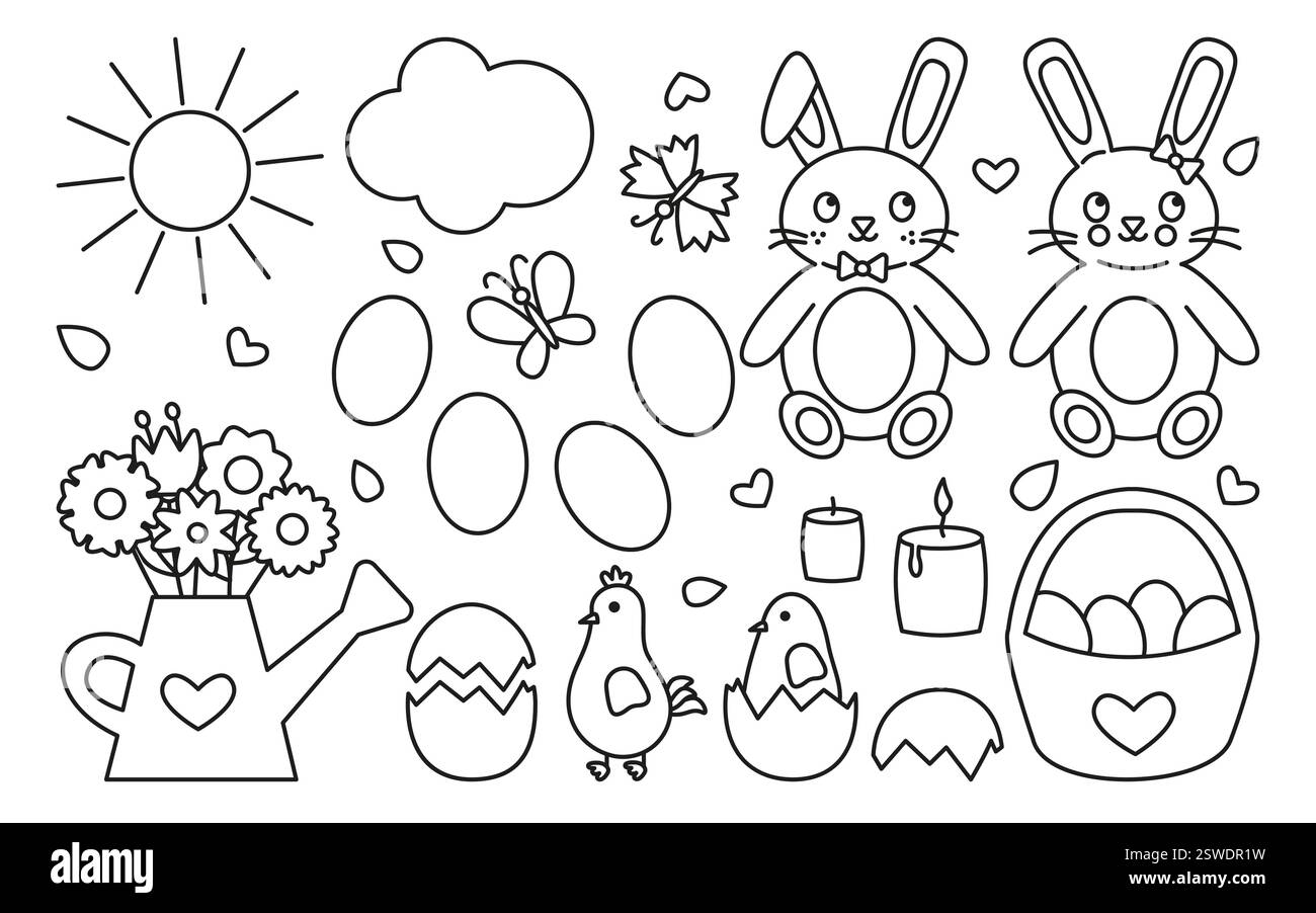 Line-art Easter clipart set featuring rabbits, eggs, chicks, flowers ...