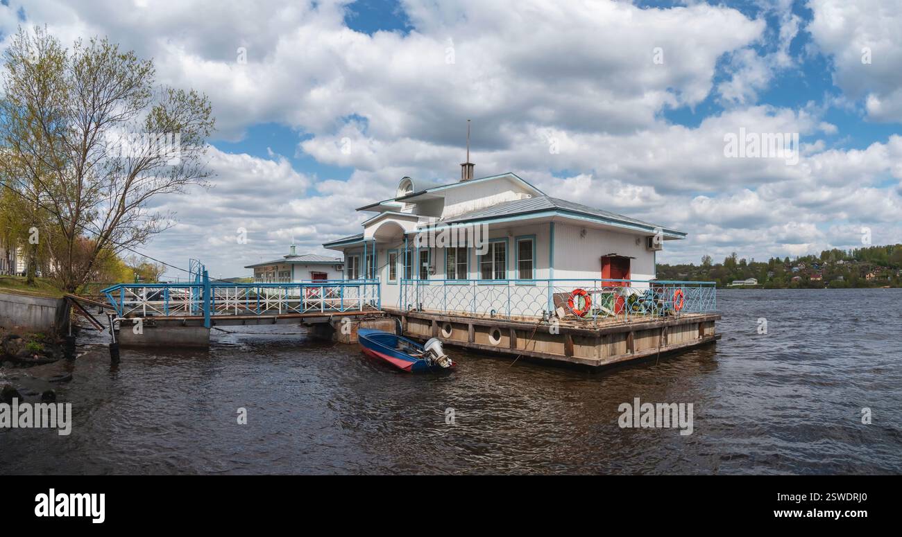 Small marina on the Volga River. Spring season in beautiful Plyos Stock ...