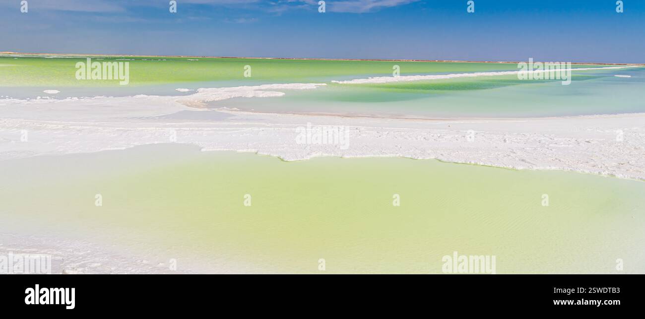 Close up on salt and emerald water of Qarhan or Chaerhan lake around ...
